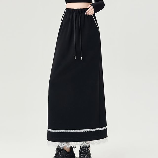 Yohana - Drawstring Waist Slit Lace Trim Midi A-Line Skirt | YesStyle