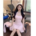 NENE - Halter-Neck Queen-Anne Neckline Plain Mini Dress / Light ...
