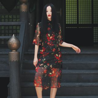 Shizen - Japanese-Style Printed Chiffon Qipao(Waist Belt NOT Included ...