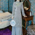Glaypio - Set: Long-Sleeve Fluffy Trim Floral Embroidered Midi Qipao ...