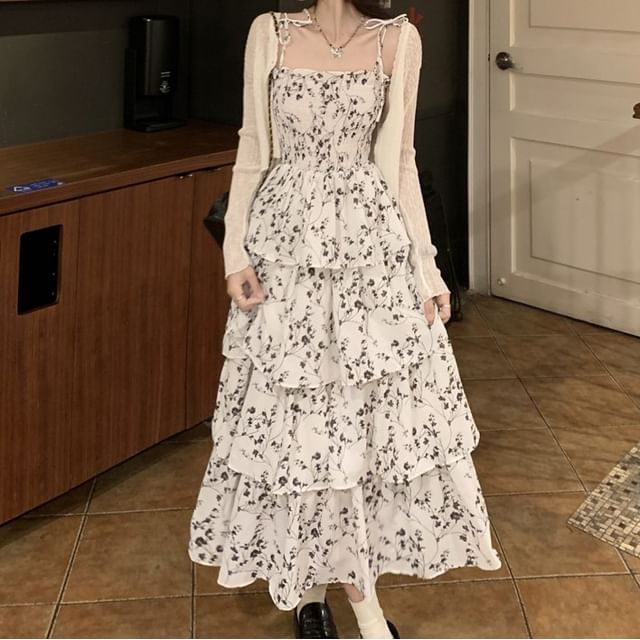 Shinsei - Spaghetti Strap Floral Tiered Midi A-Line Dress / Plain ...