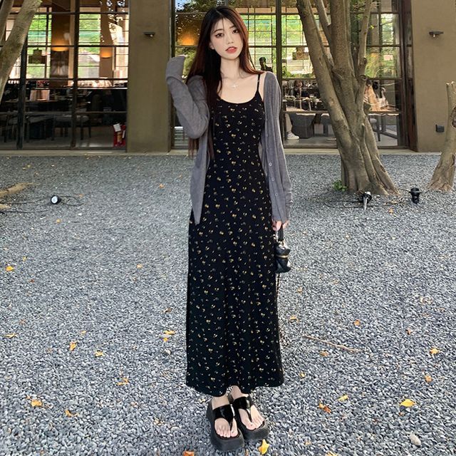 Ashlee - Plain Cardigan / Spaghetti Strap Scoop Neck Floral Side-Slit ...