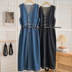 DIYI - Set: V-Neck Button Maxi A-Line Denim Overall Dress + Belt | YesStyle