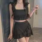 CUCURBIT - Set: Plain Ruffle Trim Crop Tankini Top + Swim Skirt | YesStyle