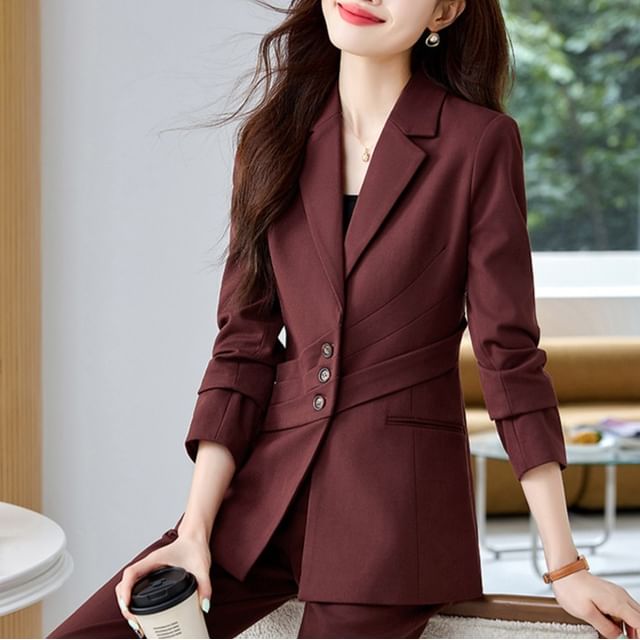 Princess Min - Set: Plain Single-Breasted Blazer + High Waist Straight ...