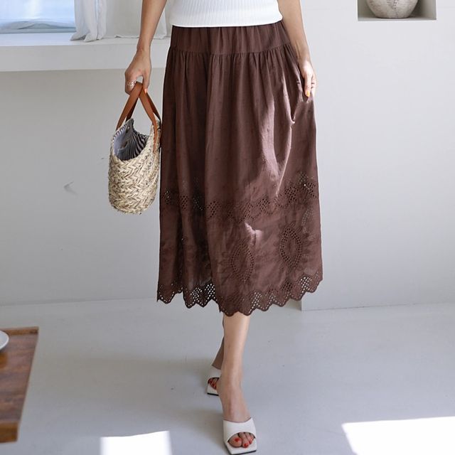 Lemite - Shirred Long Eyelet-Lace Skirt | YesStyle
