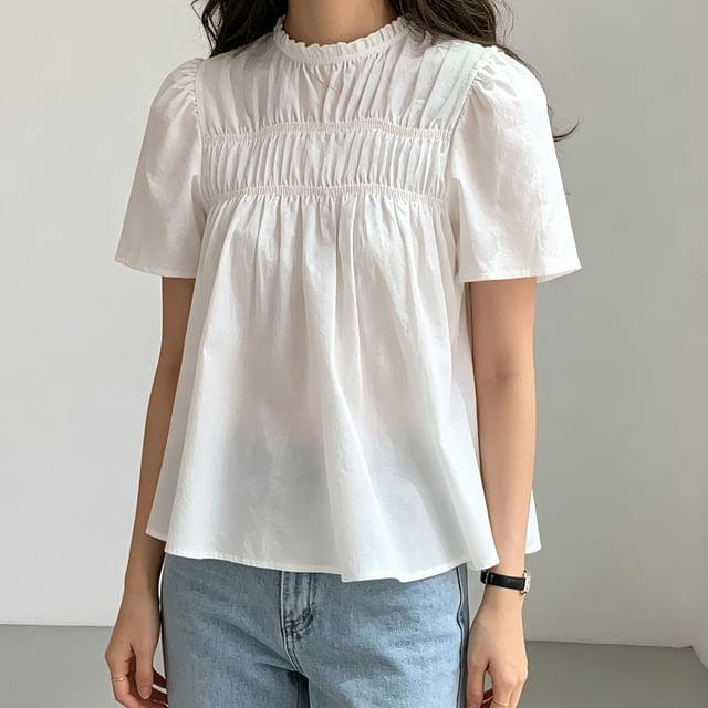 Coris - Short-Sleeve Crewneck Frill Trim Plain Blouse | YesStyle