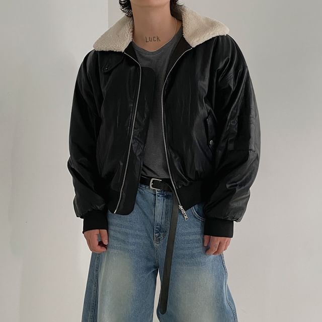 MRCYC - Two Tone Faux Shearling Panel Faux Leather Zip Bomber Jacket ...
