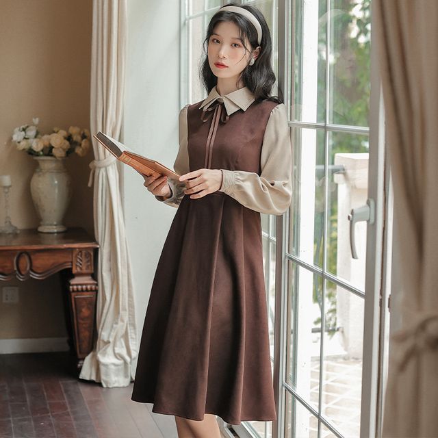 Sansweet Set Crew Neck Plain A Line Overall Dress Long Sleeve