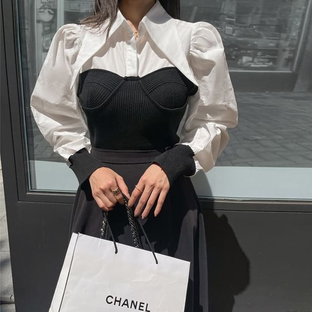 DABAGIRL - Pointy-Collar Bustier Overlay Blouse | YesStyle
