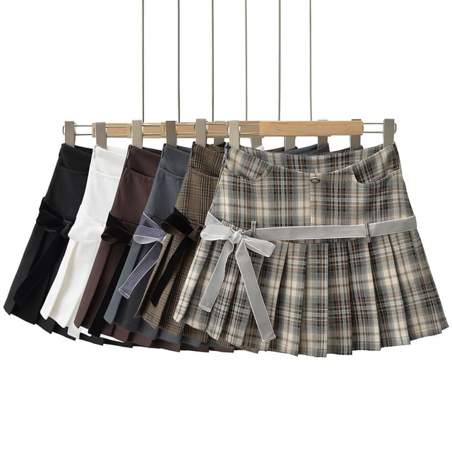 Sundine - High Rise Bow Pleated Mini A-Line Skirt | YesStyle