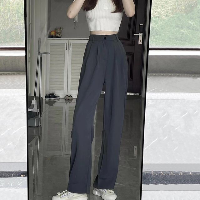 moodphase - High Rise Plain Wide Leg Slacks (Various Designs) | YesStyle