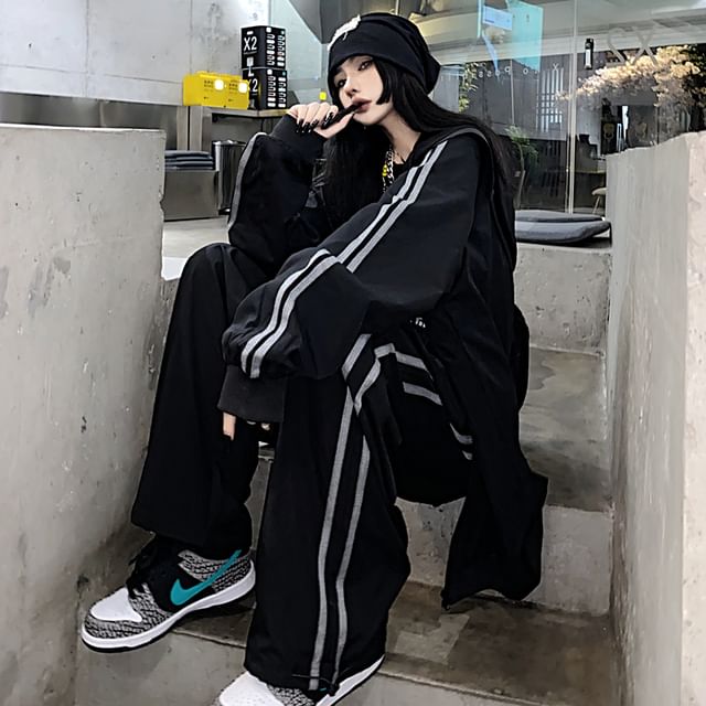 MELLO - Set: Striped Hooded Zip Jacket + High-Waist Drawstring Harem ...