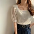 Odestra - Puff-Sleeve Square-Neck Paneled Ribbed Button-Up Blouse ...