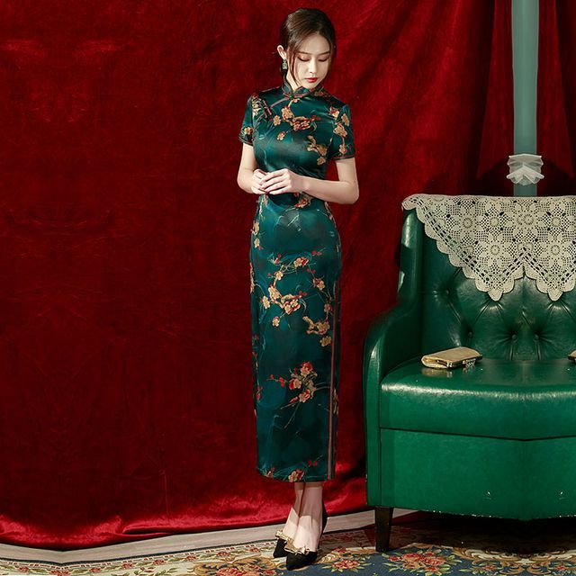 TEALI - Short-Sleeve Floral Print Midi Qipao | YesStyle
