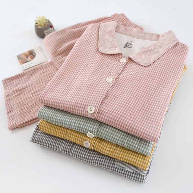 Dogini - Couple Matching Pajama Set: Long-Sleeve Collared Plaid Shirt ...