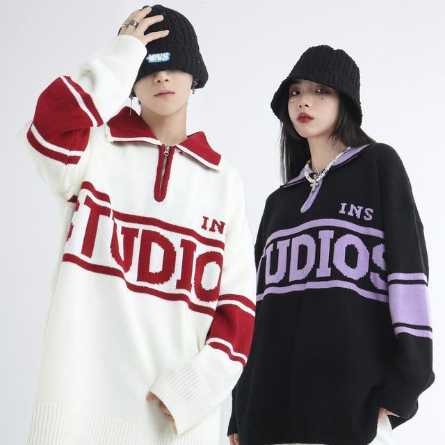 Banash - Collared Half-Zip Lettering Sweater | YesStyle