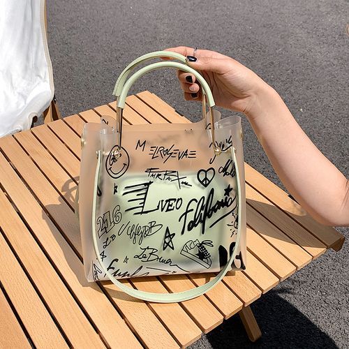 Cesky - Set: Lettering Print PVC Bucket Bag + Pouch | YesStyle