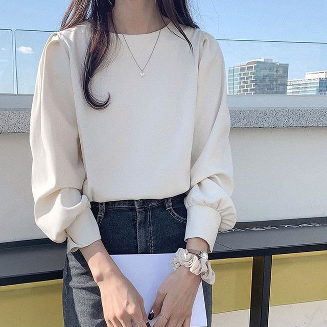 minaga - Long-Sleeve Plain Blouse | YesStyle