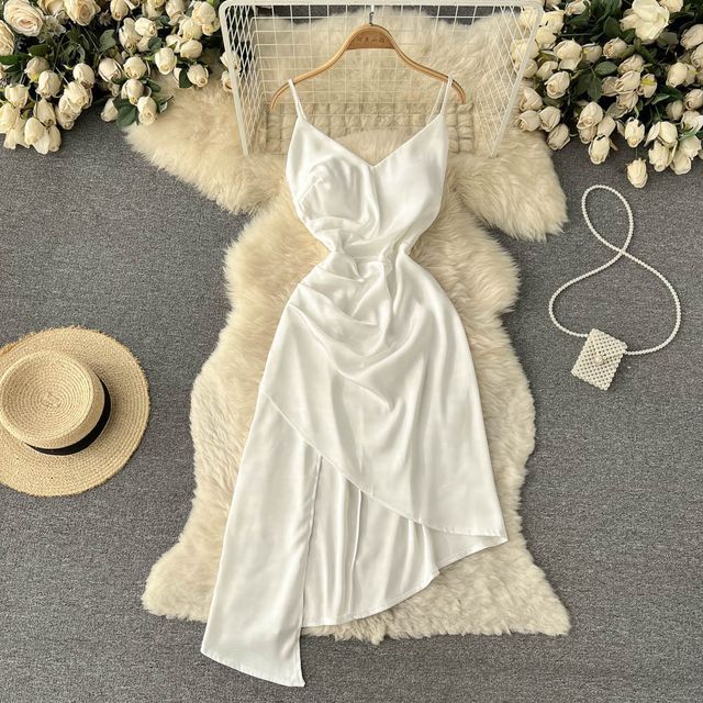 Lucuna Spaghetti Strap Plain Midi A Line Dress Yesstyle