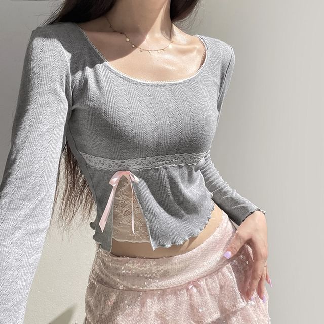 Sosana - Long Sleeve Lace Panel Ribbon Bow Accent Pointelle Slim-Fit ...