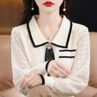 Luminato - Long-Sleeve Collared Contrast Trim Bow Panel Knit Top | YesStyle