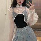 RONIN - Puff-Sleeve Stand Collar Frog Button Sheer Shrug | YesStyle