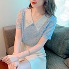 Tulik - Peter Pan Collar Color Block Lace Cutout Top | YesStyle
