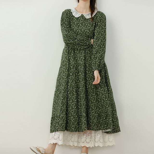 Santeh - Long-Sleeve Peter Pan Collar Floral Print Midi Tunic Dress ...
