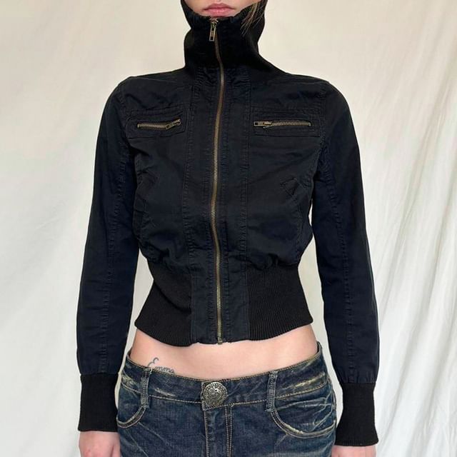 Honet - Long Sleeve Mock Neck Plain Zip-Up Cargo Jacket | YesStyle