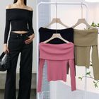 YUNBO - Off-Shoulder Long-Sleeve Plain Crop Knit Top | YesStyle