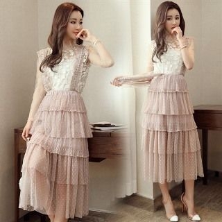 Romantica - Set: Tulle Top with Camisole + Ruffle Midi Skirt | YesStyle