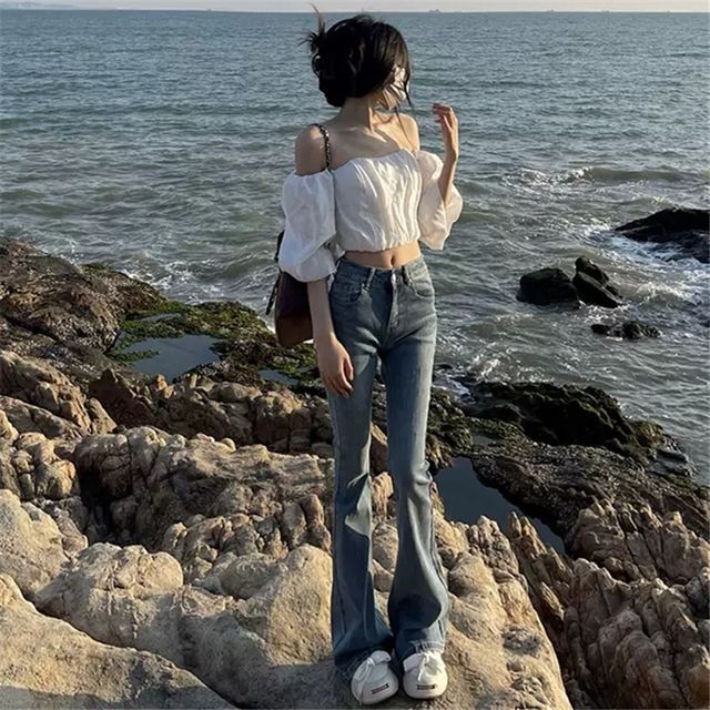 Mushini - Elbow-Sleeve Off Shoulder Plain Ruched T-Shirt | YesStyle