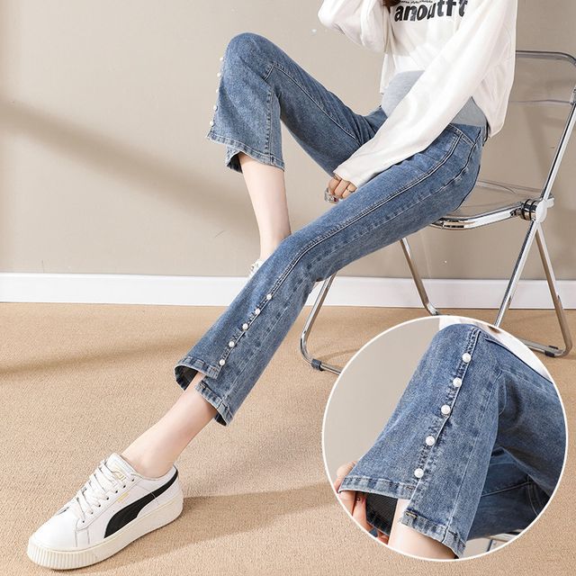 Empressa Maternity High Waist Buttoned Hem Bootcut Jeans Yesstyle