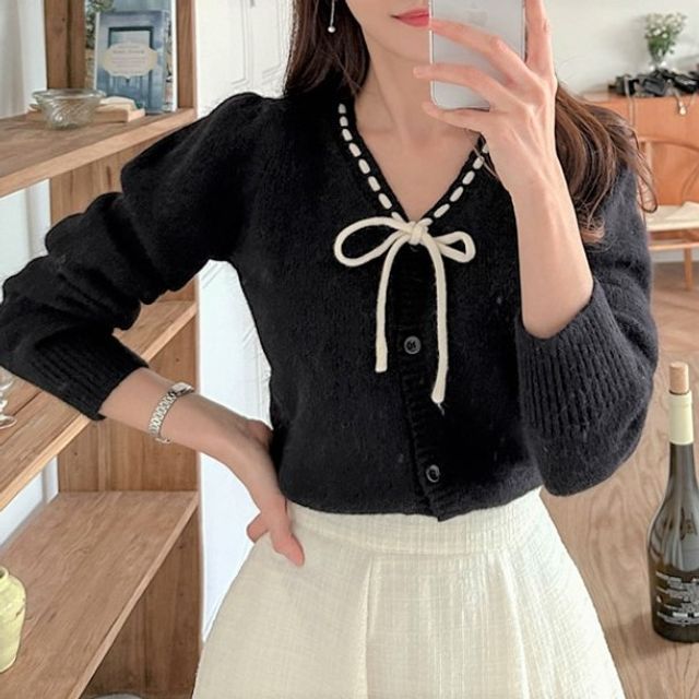 ISSOL - V-Neck Ribbon Front Cardigan | YesStyle