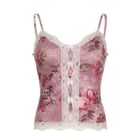 Sosana - V-Neck Lace Panel Floral Print Slim-Fit Crop Camisole Top ...