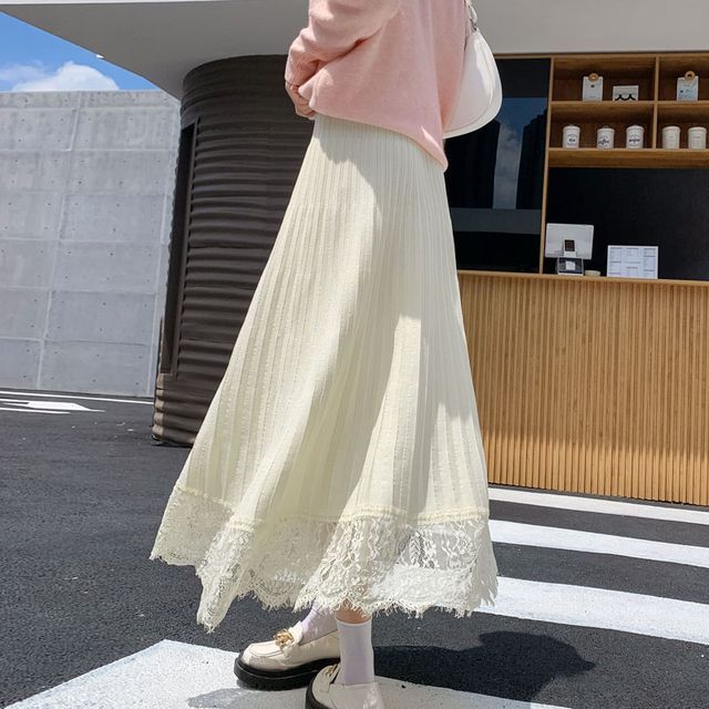 Juuri - Elastic Waist Plain Lace Trim Midi A-Line Knit Skirt | YesStyle