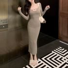 Shalala - Long-Sleeve Scoop Neck Plain Cutout Midi Sheath Dress | YesStyle