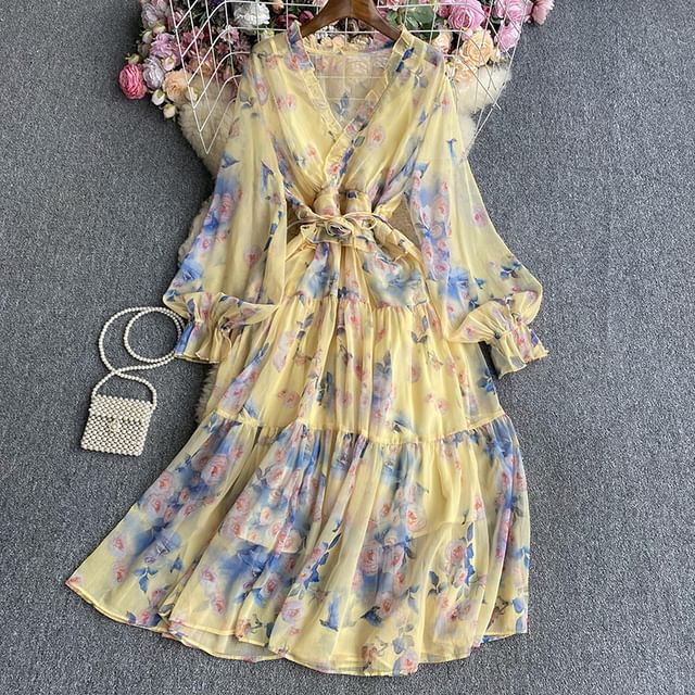 Dudu - Long-Sleeve V-Neck Floral Print Maxi A-Line Dress | YesStyle