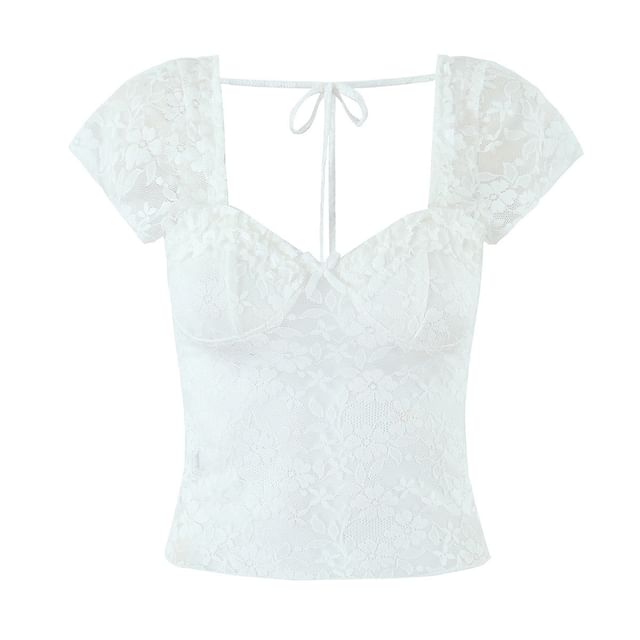 Webeisque - Short Sleeve Sweetheart Neck Lace Crop Top | YesStyle