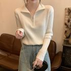 Asilah - Stand Collar Half Zip Plain Ribbed Sweater | YesStyle