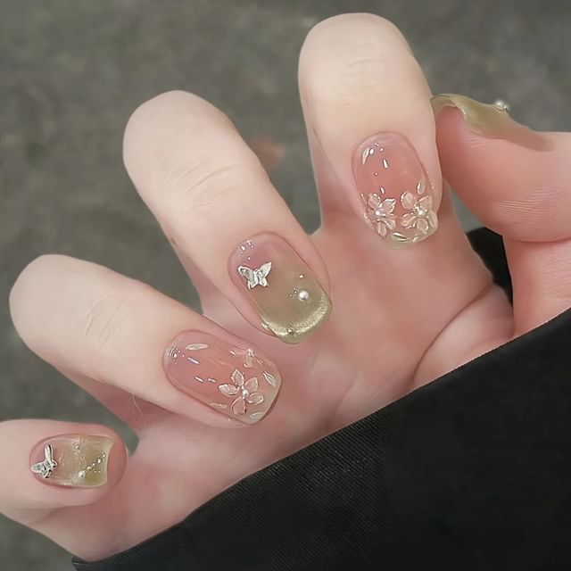 Cutip Nails - Floral Rhinestone Gradient Squoval Press On Nail / Tool ...