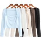 Sundine - Long-Sleeve Queen Anne Neckline Plain Crop Top | YesStyle