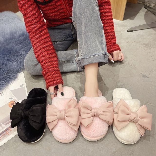 GRUNE - Bow Fluffy Platform Slippers | YesStyle