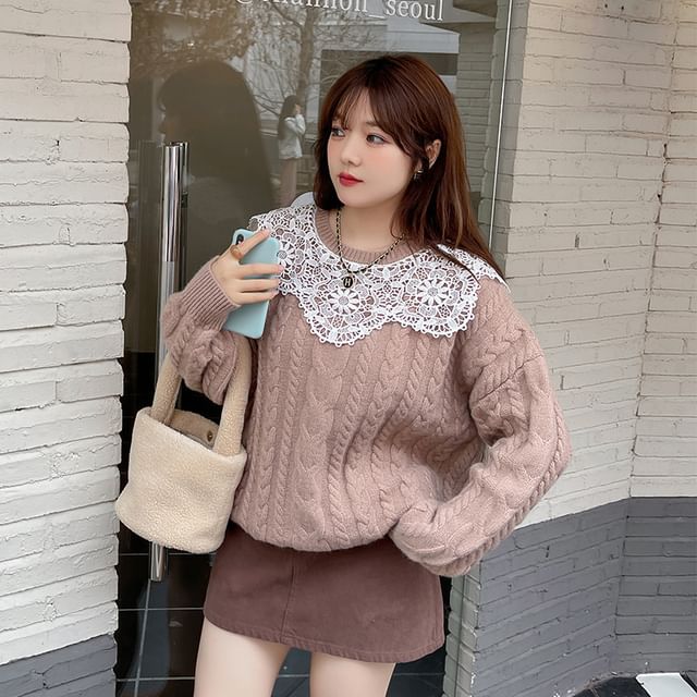 Tripoly - Plus Size Crewneck Lace Panel Cable Knit Plain Sweater | YesStyle