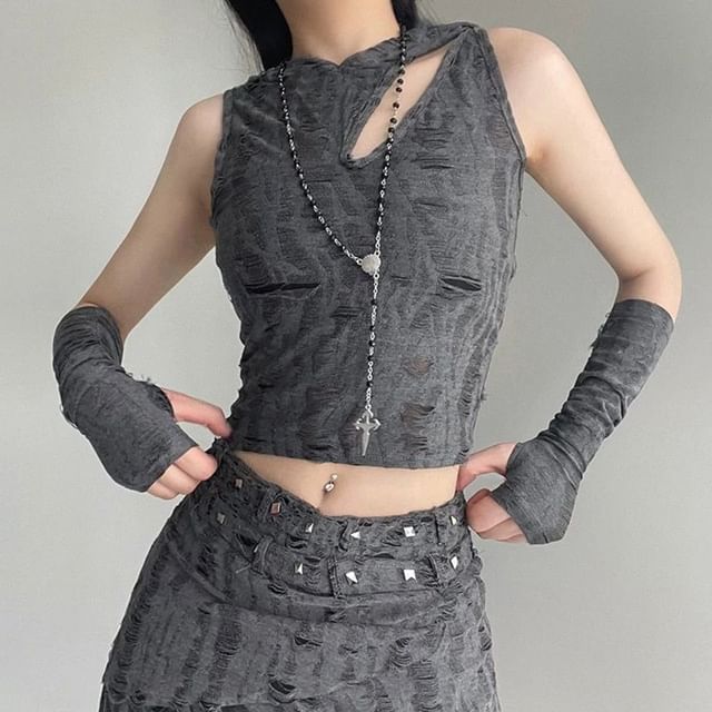 BrickBlack - Set: Sleeveless Distressed Hood Cutout Crop Top + Arm ...