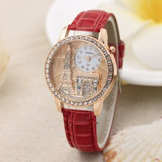 MODIYA - Rhinestone Paris Faux Leather Strap Watch | YesStyle