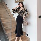 Tanzil - Set: Long-Sleeve V-Neck Floral Blouse + High Rise Slit Midi Fishtail Skirt | YesStyle