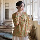 EMBRO - Long-Sleeve V-Neck Floral Print Frog Buttoned Wrap Blouse ...