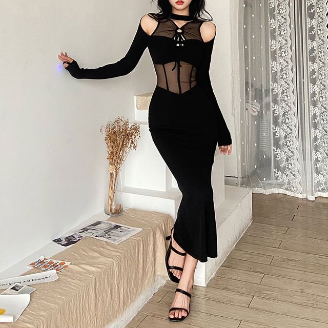 Sugarcoat - Long-Sleeve Cut Out Sheer Panel Corset Waist Midi Sheath ...